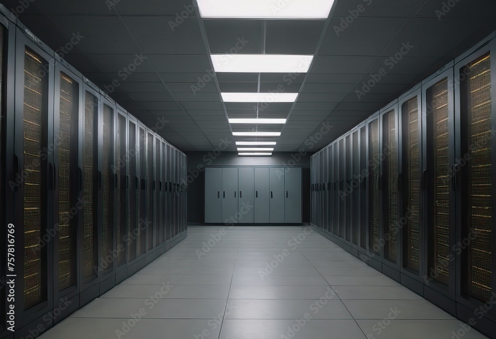 Futuristic background image of rack server with blinking lights in supercomputer, copy space ...