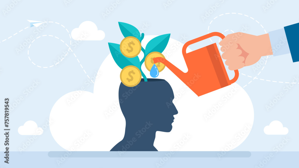 Vetor de Businessman watering plant with money from human head ...