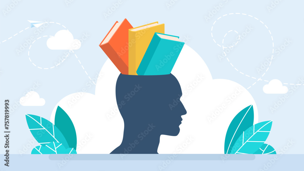 Head silhouette with stack of books inside. Open male head with books ...