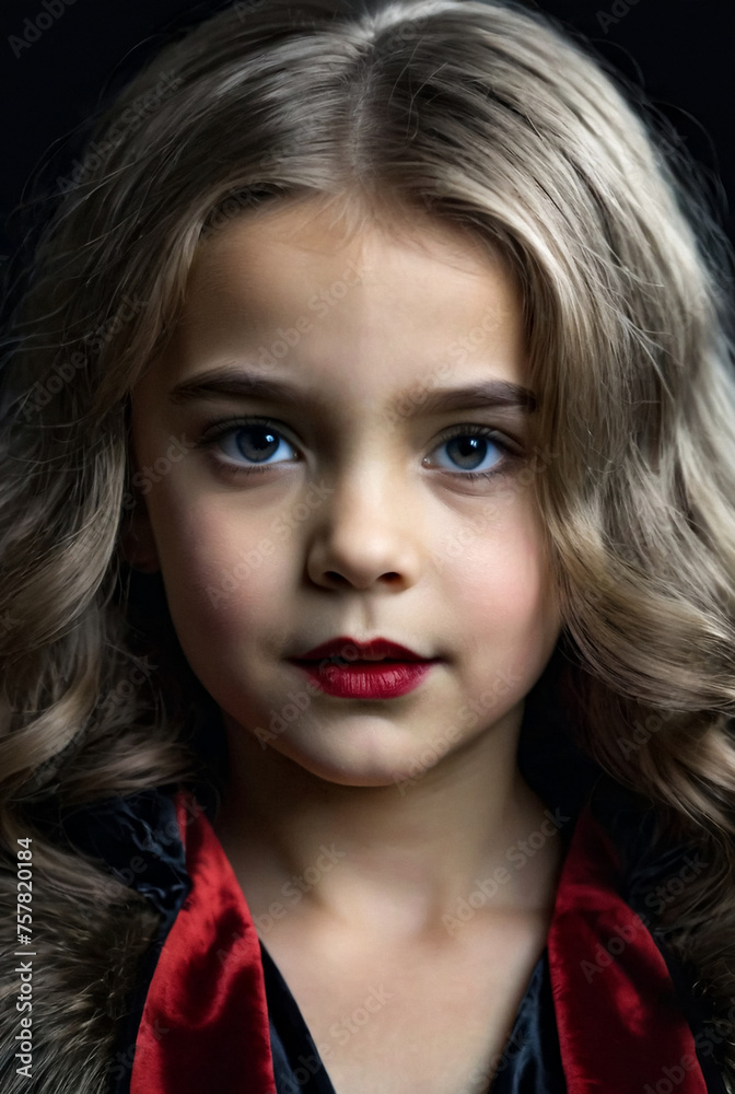 Frowning vampire in cloak posing near chest in underground castle dark ...