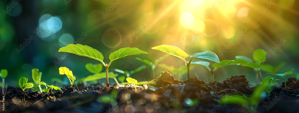 Seedling growing in rich soil towards morning sunlight, an ecology ...