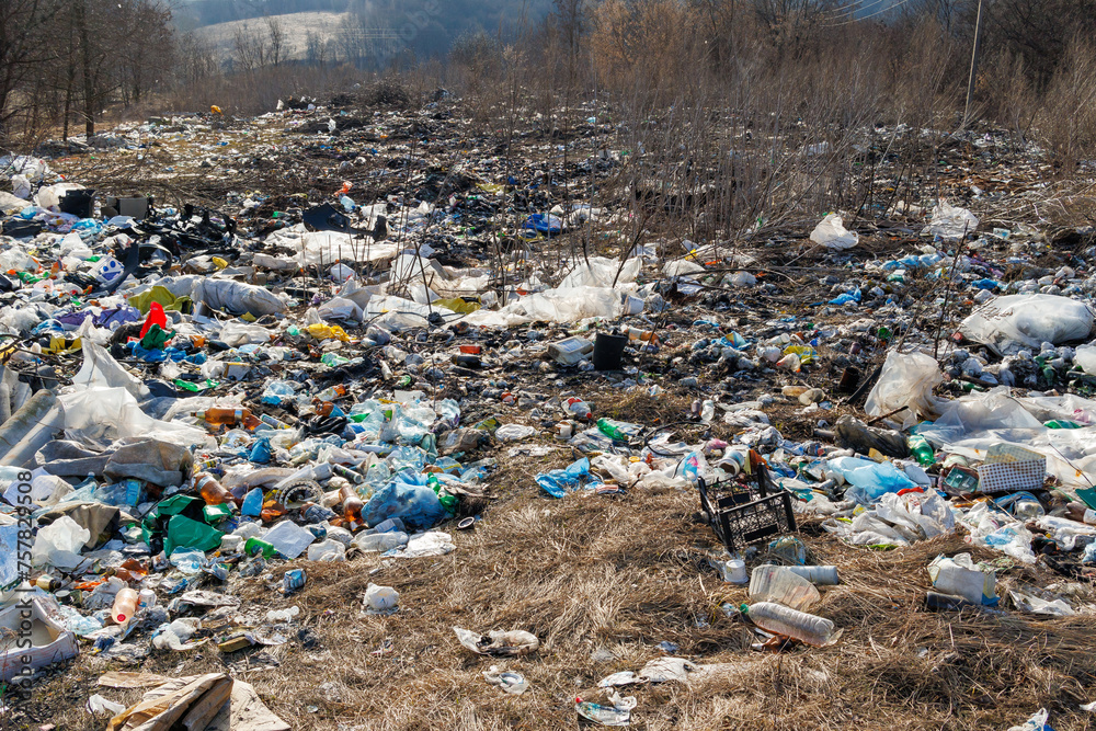 A natural dumping ground for garbage, used plastic bottles, bags and ...