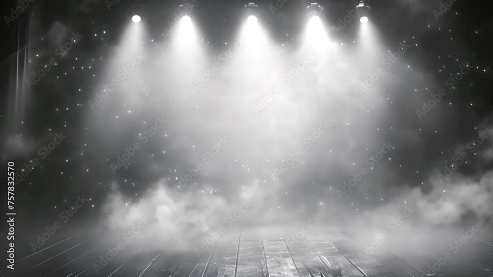 Stage light and smoke on stage with spotlights black and white. Stage lights. spotlights and ...