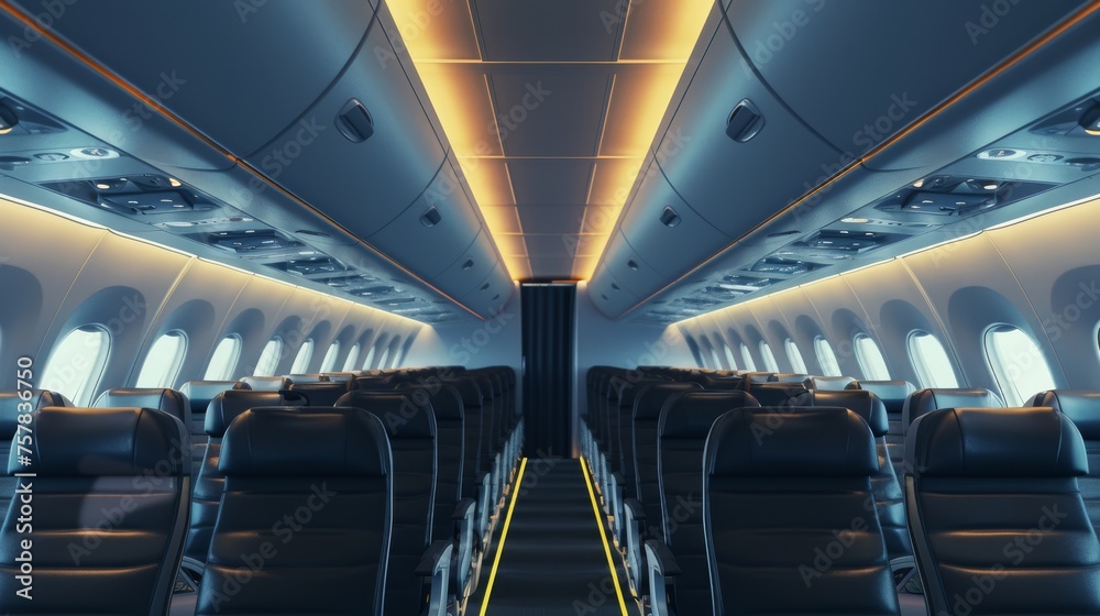 Symmetrical view of an airplane's interior with black seats and ...
