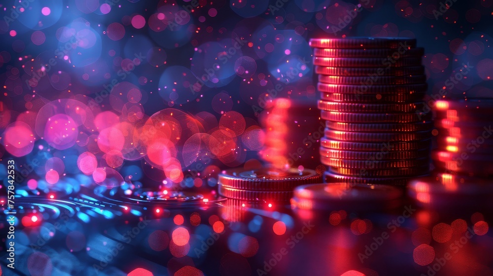 A stack of abstract coins falling with falling coins around them ...