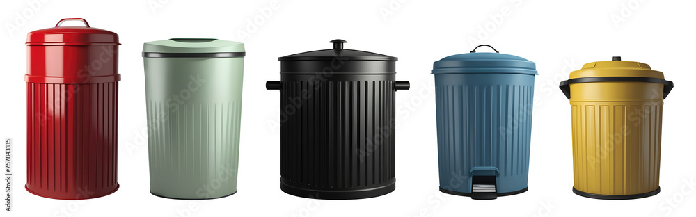 Set of various modern Indoor garbage bins in different colours isolated ...