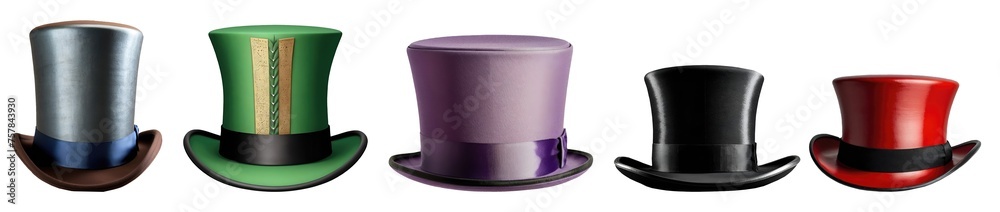 Set of vintage performing magic top hat collection isolated on ...