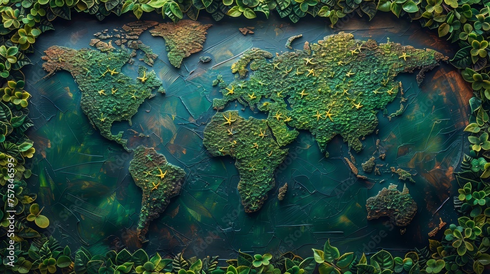 Earth day poster. Green leaves and branches making up the map of the ...