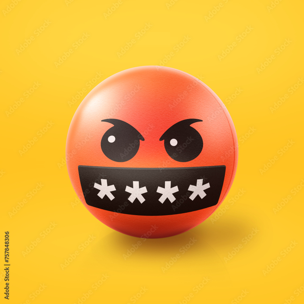 Enraged and swearing insults Emoji stress ball on shiny floor. 3D ...