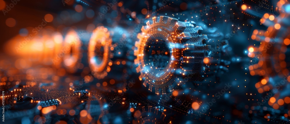 Cogs and gear wheel mechanisms concept. Low polygonal blue mesh with ...