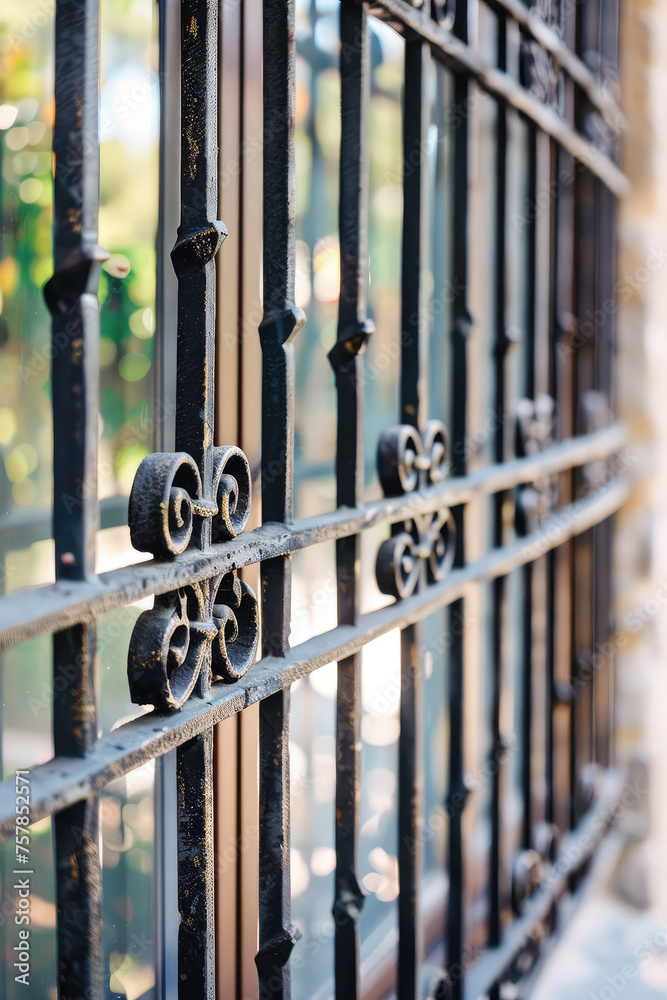 Elegant Wrought Iron Window Grill. Close-up of ornate wrought iron ...