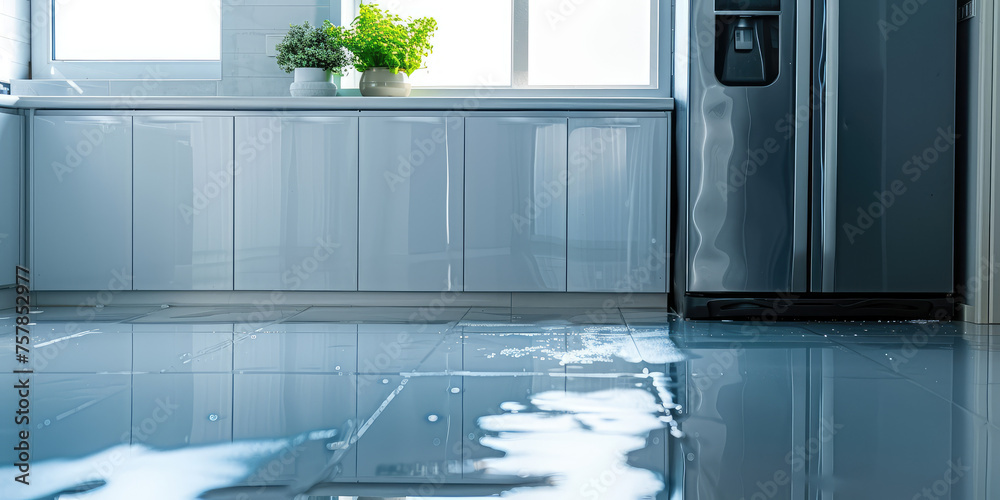 Leaking Refrigerator in Modern Kitchen. Puddle of water under ...
