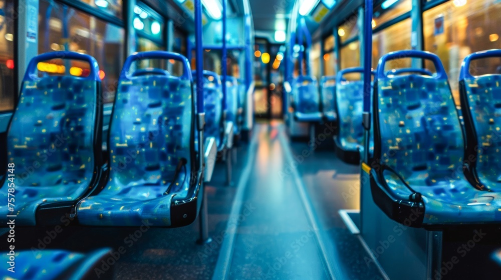 Inside view of a city bus with empty blue patterned seats and a central ...