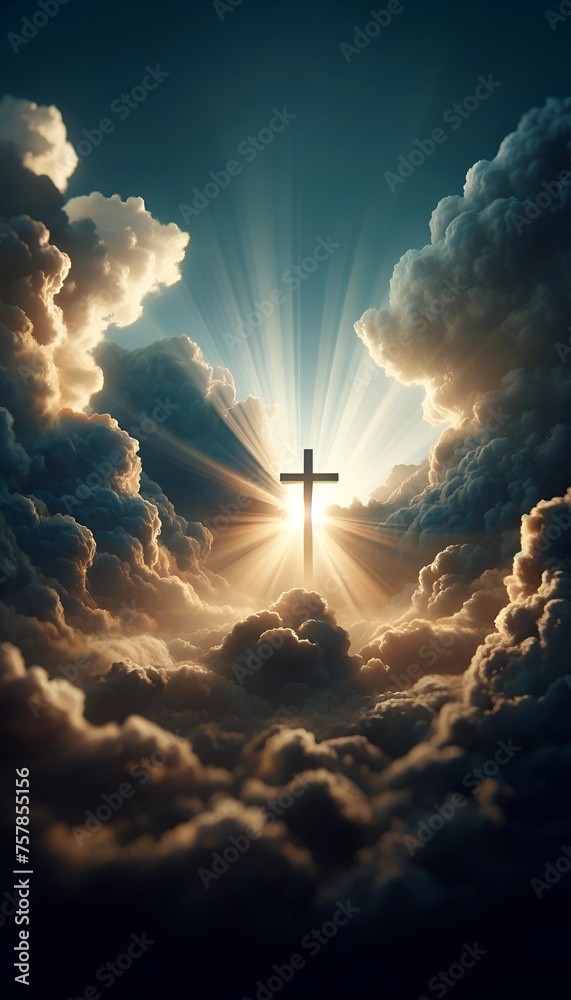 Realistic illustration of a cross silhouette against a dramatic sky ...