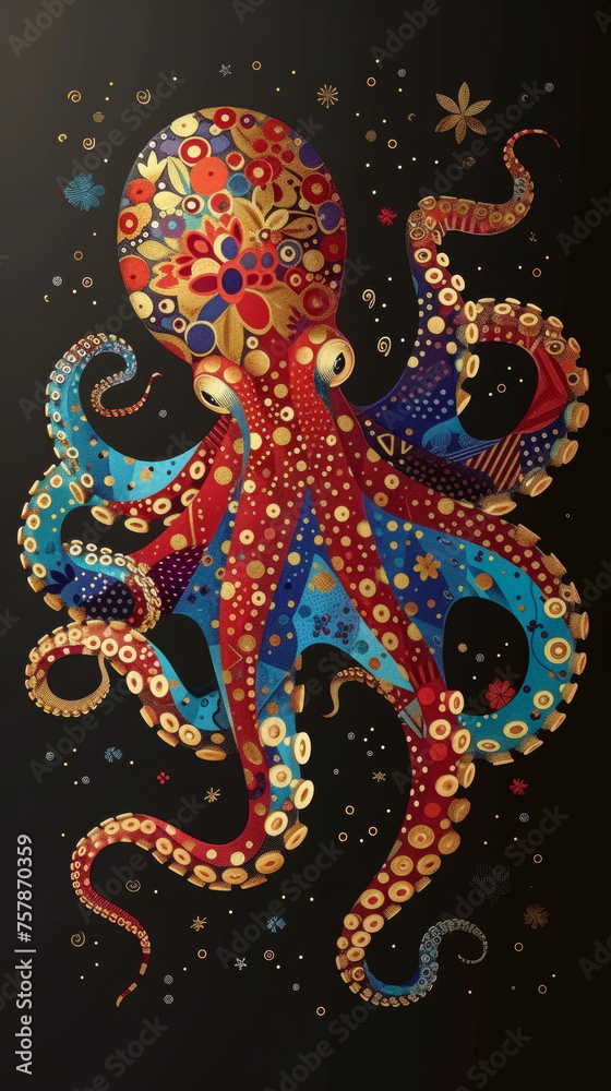 octopus in the art style of bold colors and quilted patterns, whimsical ...
