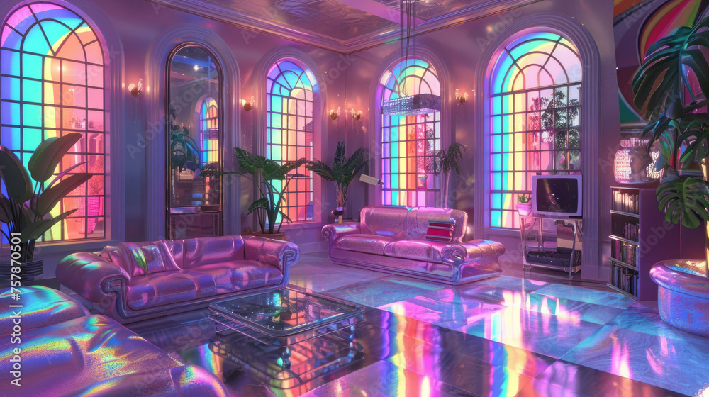80s style living room, holographic silk arched windows, chrome and ...