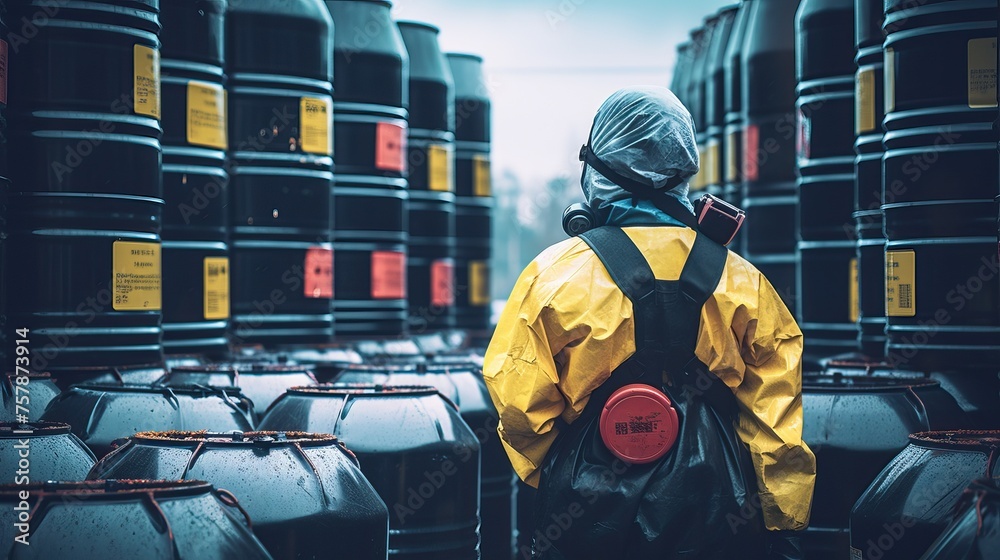 Cropped image of a female chemical worker carrying canisters with ...
