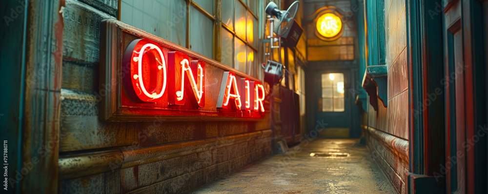 Classic 'ON AIR' illuminated sign in bold red letters indicating live ...