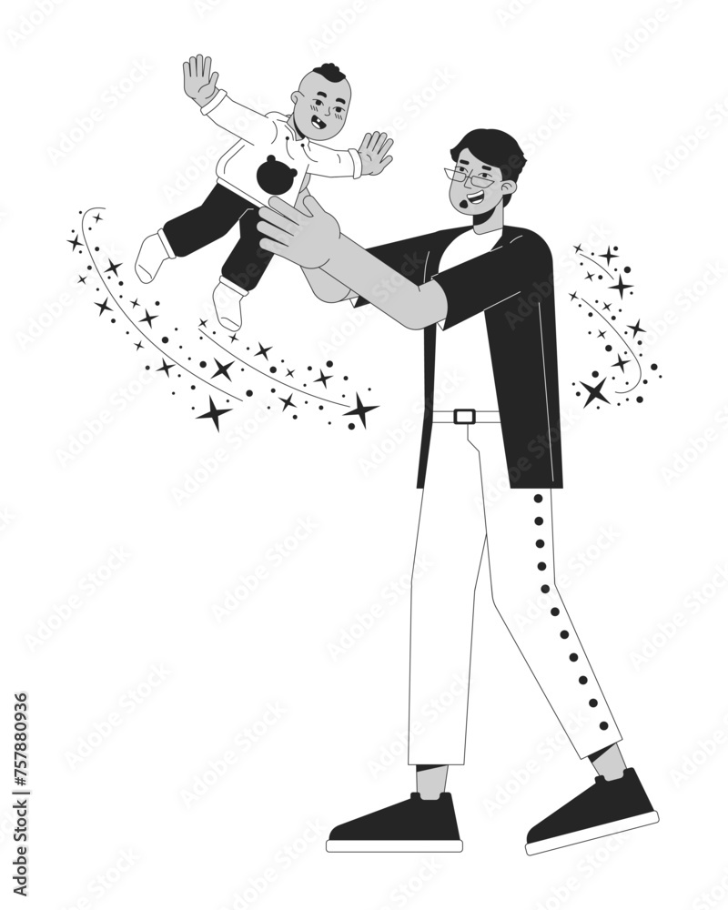 Happy father tossing child in air black and white 2D line cartoon ...