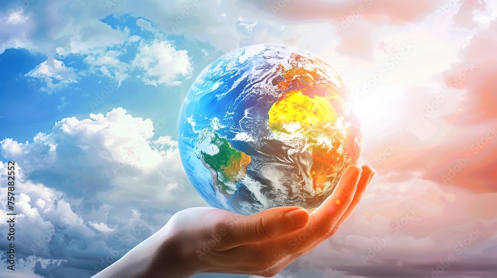 Human hand holding a weather map, with Earth's climate zones ...