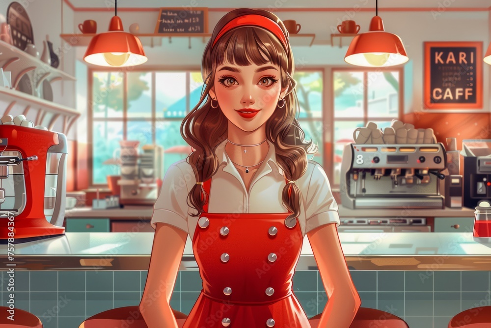 Retro Diner Waitress in Vintage Uniform with Polka Dots in a Classic ...