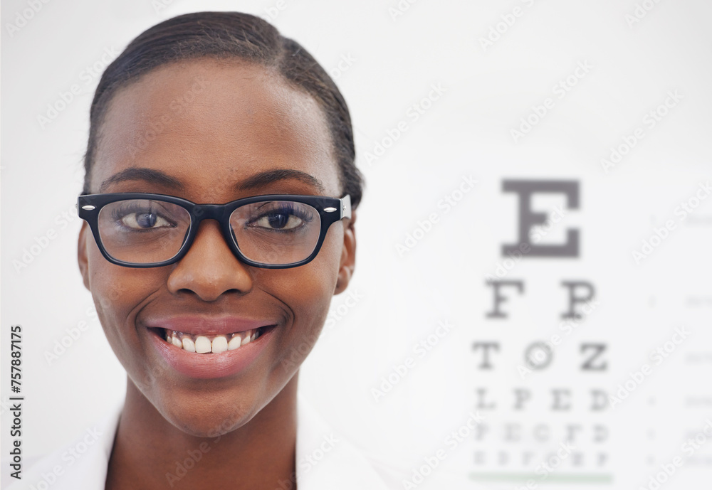 Vision, test and portrait of woman in consultation for optometry, eye ...