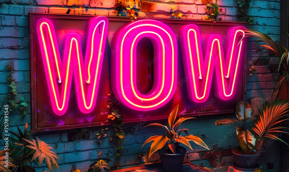 Striking WOW neon sign in bold pink and purple hues mounted on a brick ...