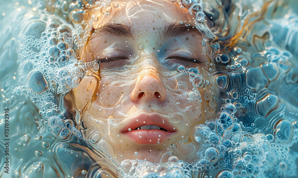 Surreal portrait of a serene woman's face merging with dynamic water ...
