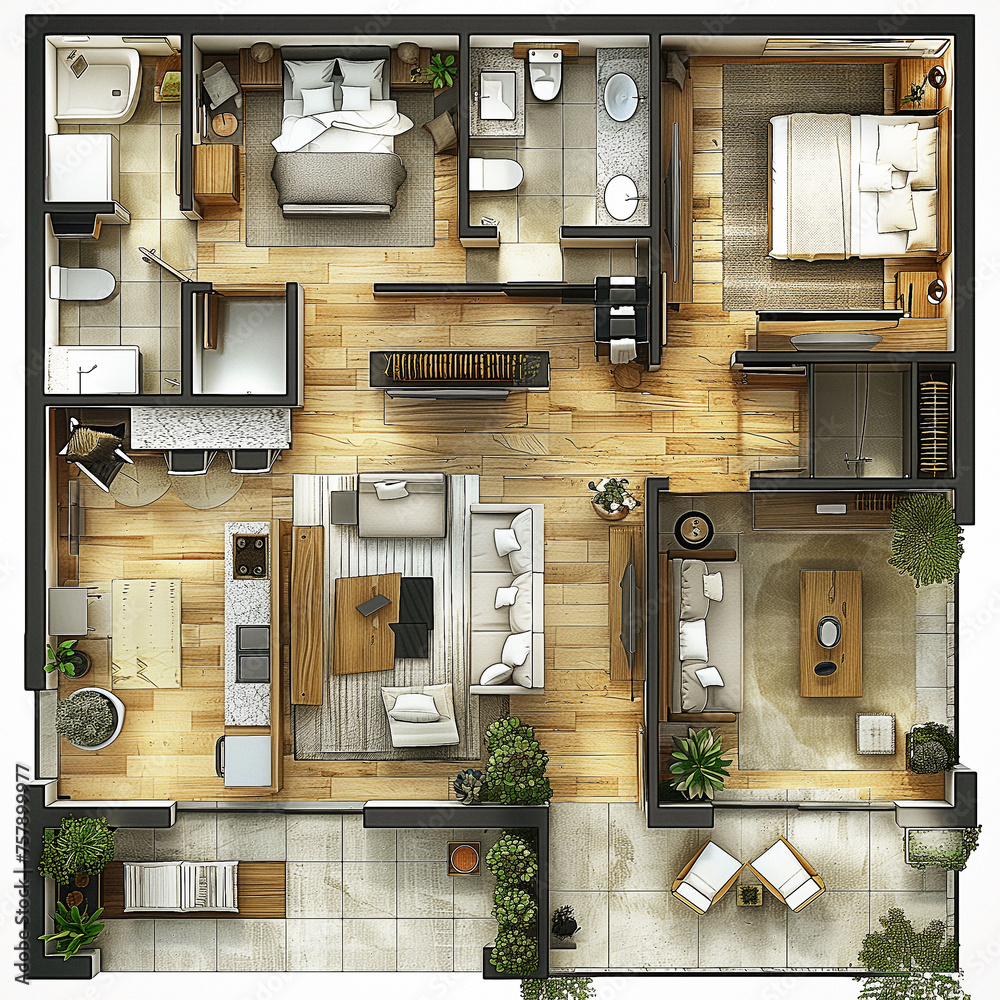 Home flat ground plan design with furniture, top view layout: 2 ...