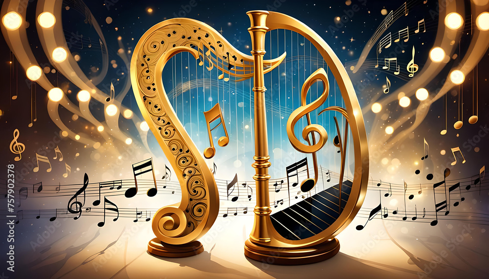 tanzende goldene Musik Noten auf dynamisch bewegten Zeilen im Raum ...