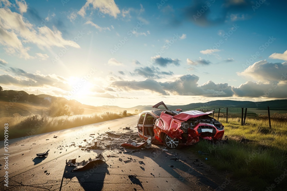 Professional photography captures the stark aftermath of a car accident ...