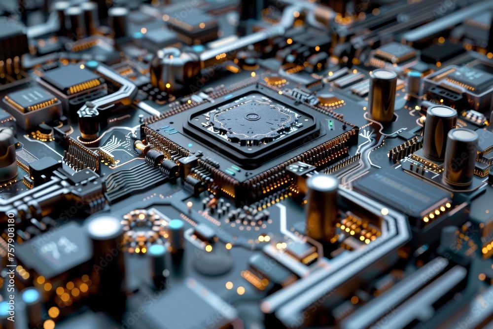 Generate an ultra-detailed 3D rendering of a quantum computing processor highlighting its ...