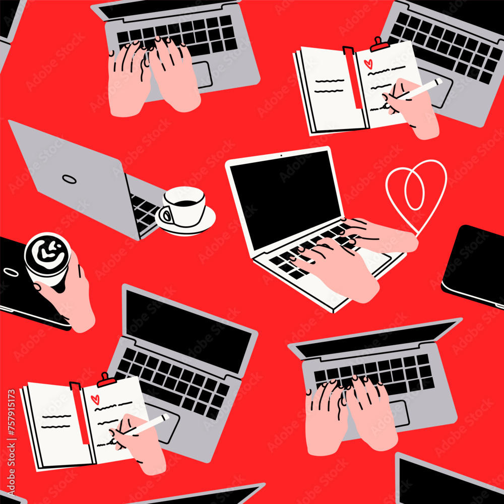 Human hands typing on laptop keyboard, hand writing in notebook ...