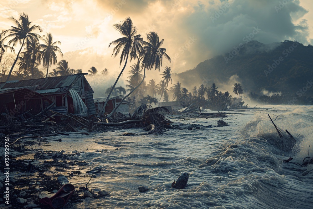 A tsunami flooding an island uprooting trees and destroying homes ...