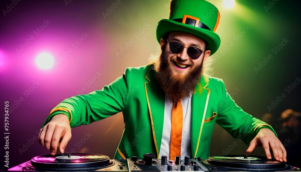 Bearded DJ wears a leprechaun costume and working spinning turntable ...