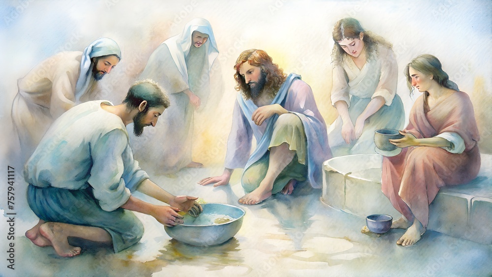 Washing of the Feet by Jesus on Maundy Holy Thursday - Watercolor ...