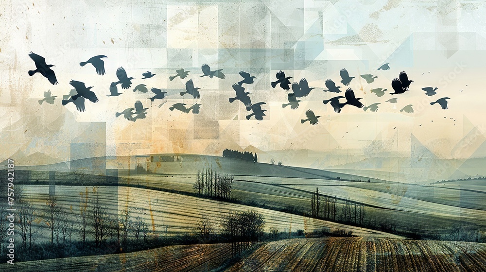 Birds Over Fields: A Contemporary Art Collage of Agriculture and ...