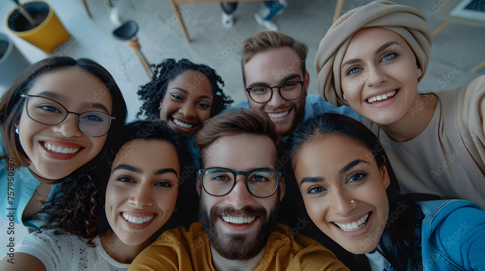 Multicultural happy people taking group selfie portrait in the office ...