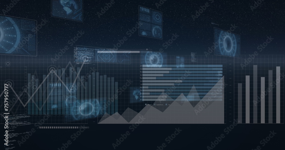 Image of graphs, world map and data processing on dark interface ...