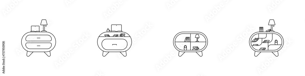 Set of linear editable bedside table vector icons. Contour logo of the ...
