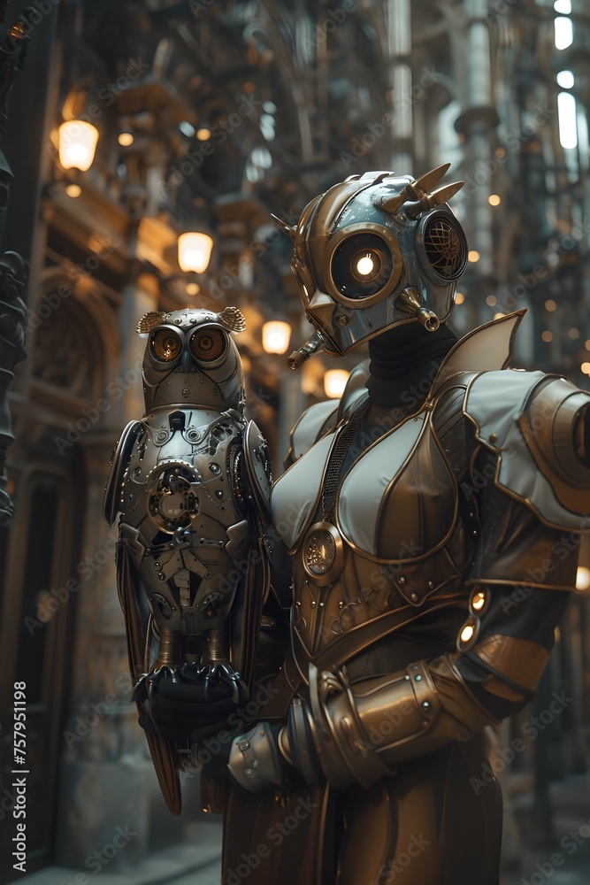Victorian Era Owl Robot and Its Golden Armored Companion: A Steampunk ...