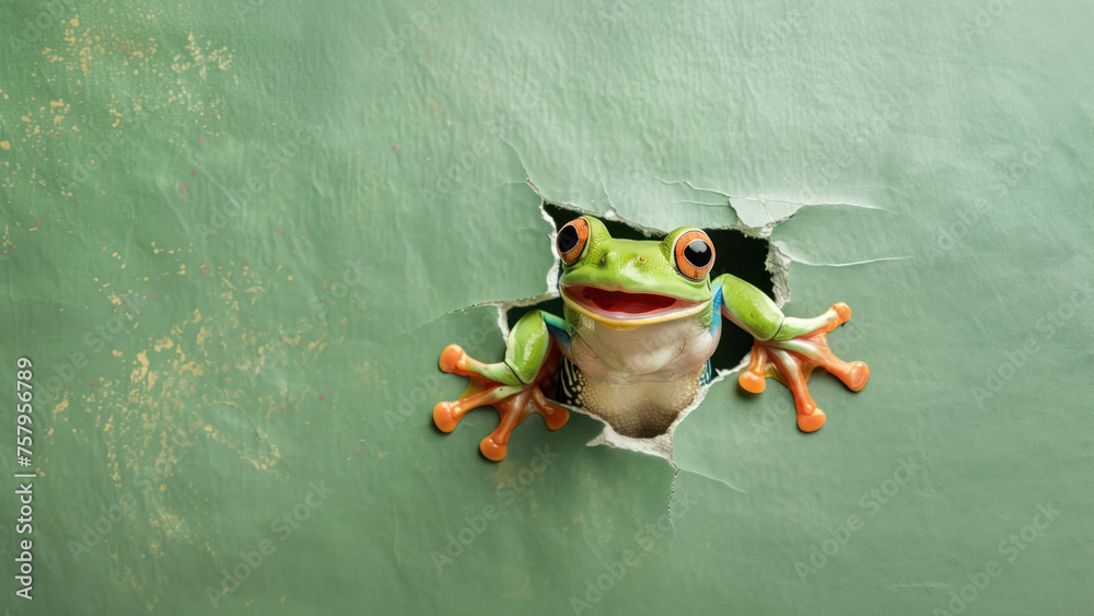 An adorable green frog peers through a rip in textured green paper ...
