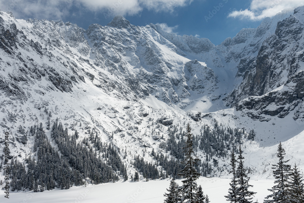 Polish Tatra mountains in winter with snowy trees and frozen High rocky ...