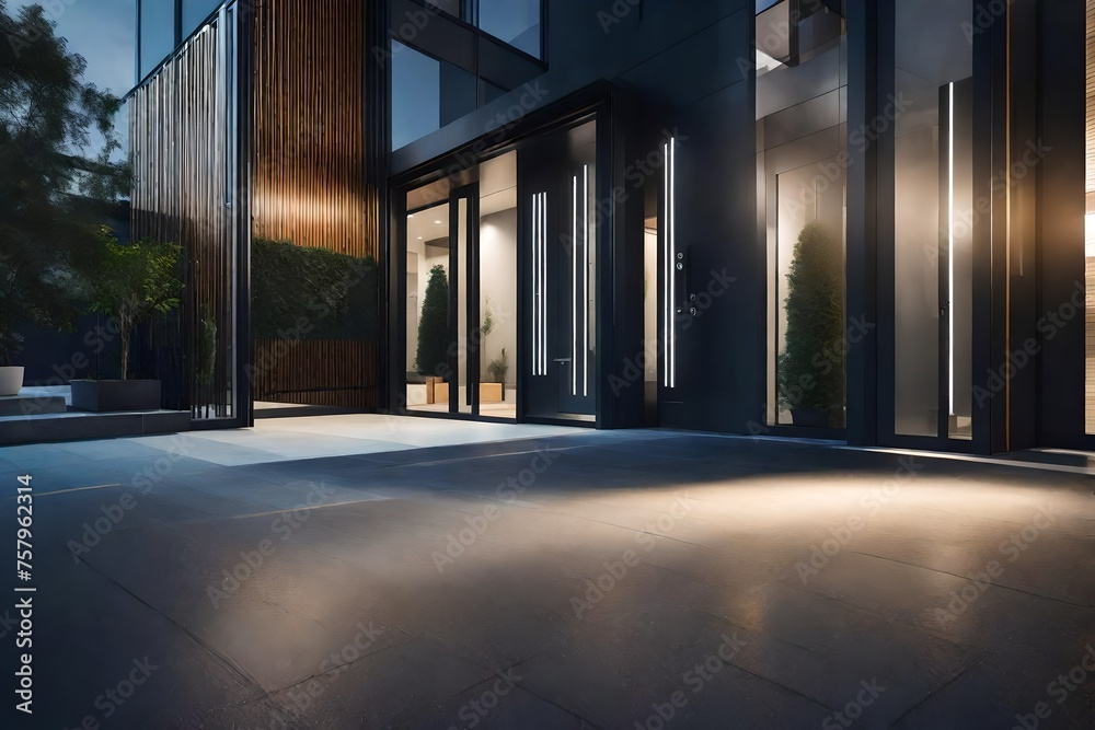 A modern apartment building entrance door with a keyless entry system ...