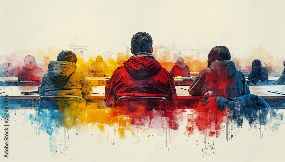 Vector drawing of a teacher conducting a lesson in the classroom with ...