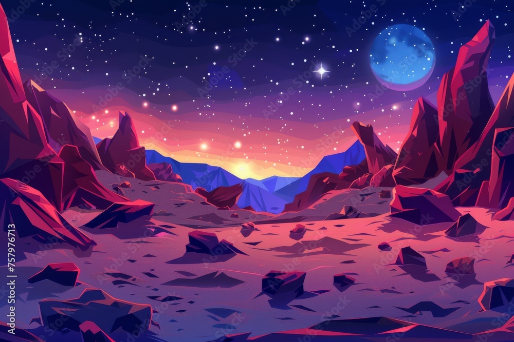 Starry background, deserted alien planet edged by mountains, rocks ...