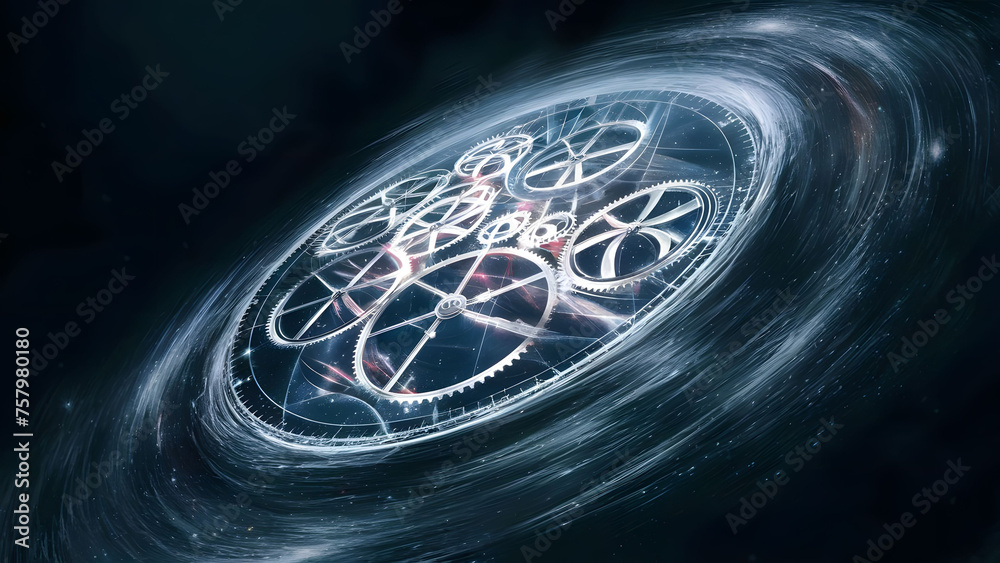 Concept art of a cosmic clockwork, with interlocking gears of time ...