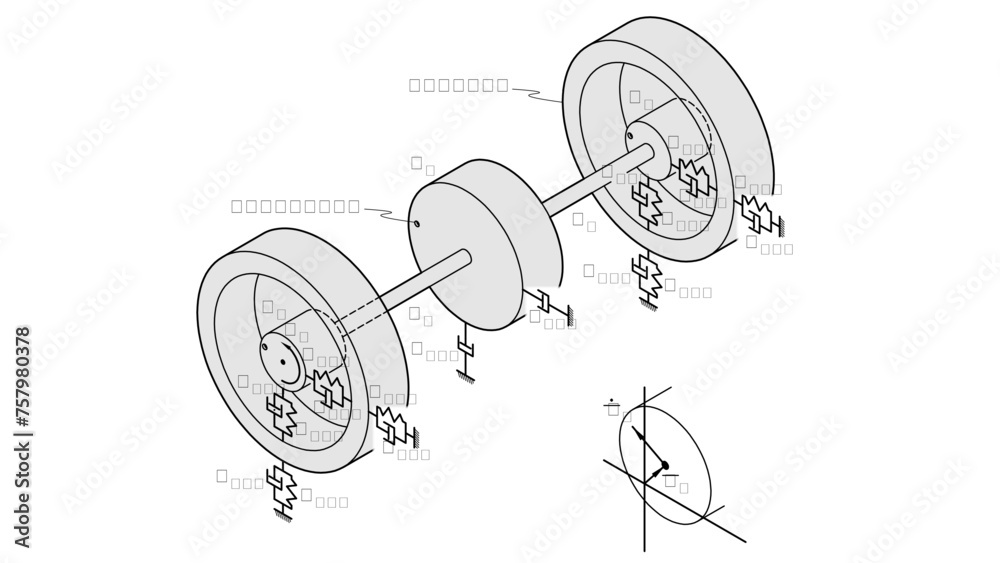 A line drawing showing a dynamical rotor system with 3 main masses ...