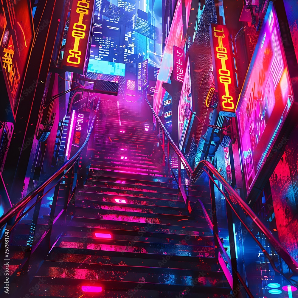 Neon lights paint the night with an otherworldly glow, casting shadows ...