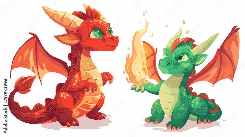 Dragons from fantasy tales, impossible flying creatures with tails and ...